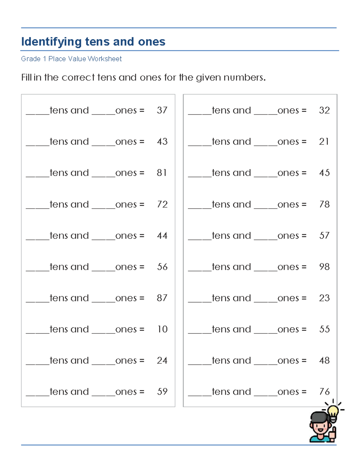 Grade 1 Place Value Worksheet: Tens and Ones Practice - Studocu