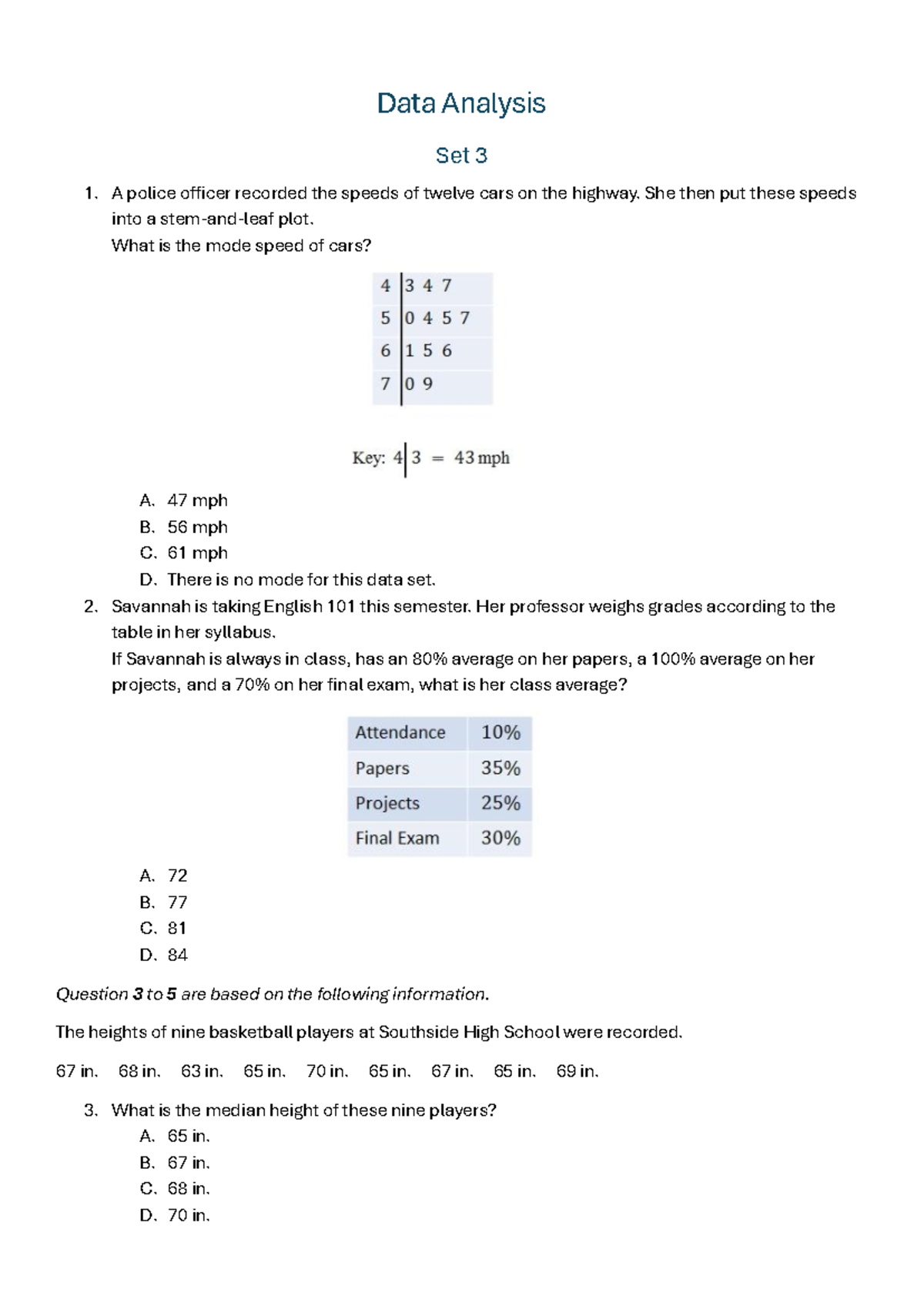 Data Analysis Set 3: Statistics and Probability Questions - Studocu