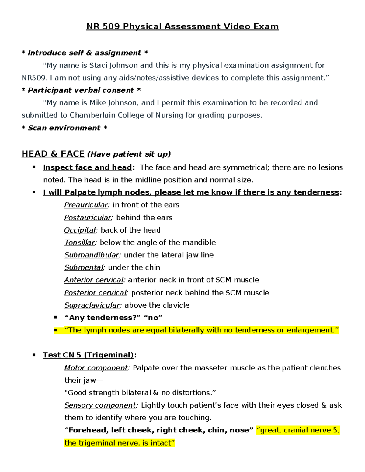 NR 509 Physical Assessment Video Exam Outline and Findings - Studocu