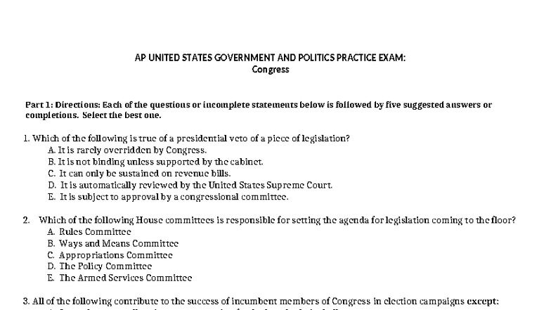 AP US GOV & POLITICS PRACTICE EXAM: Congress Part 1 Questions - Studocu