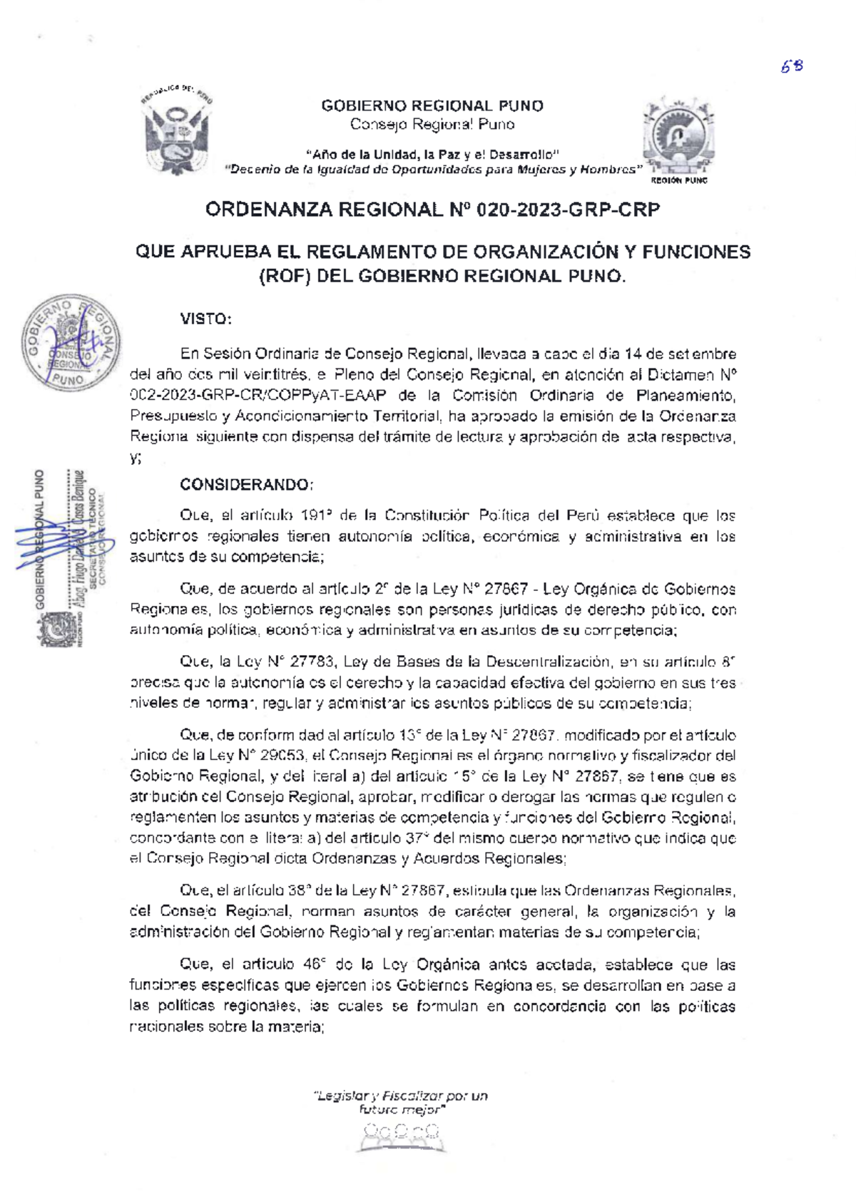 ROF GORE 2023 - Ordenanza Regional Nº 020-2023-GRP-CRP2 - 6% ,^'CA DEí GOBIERNO REGIONAL PUNO ...