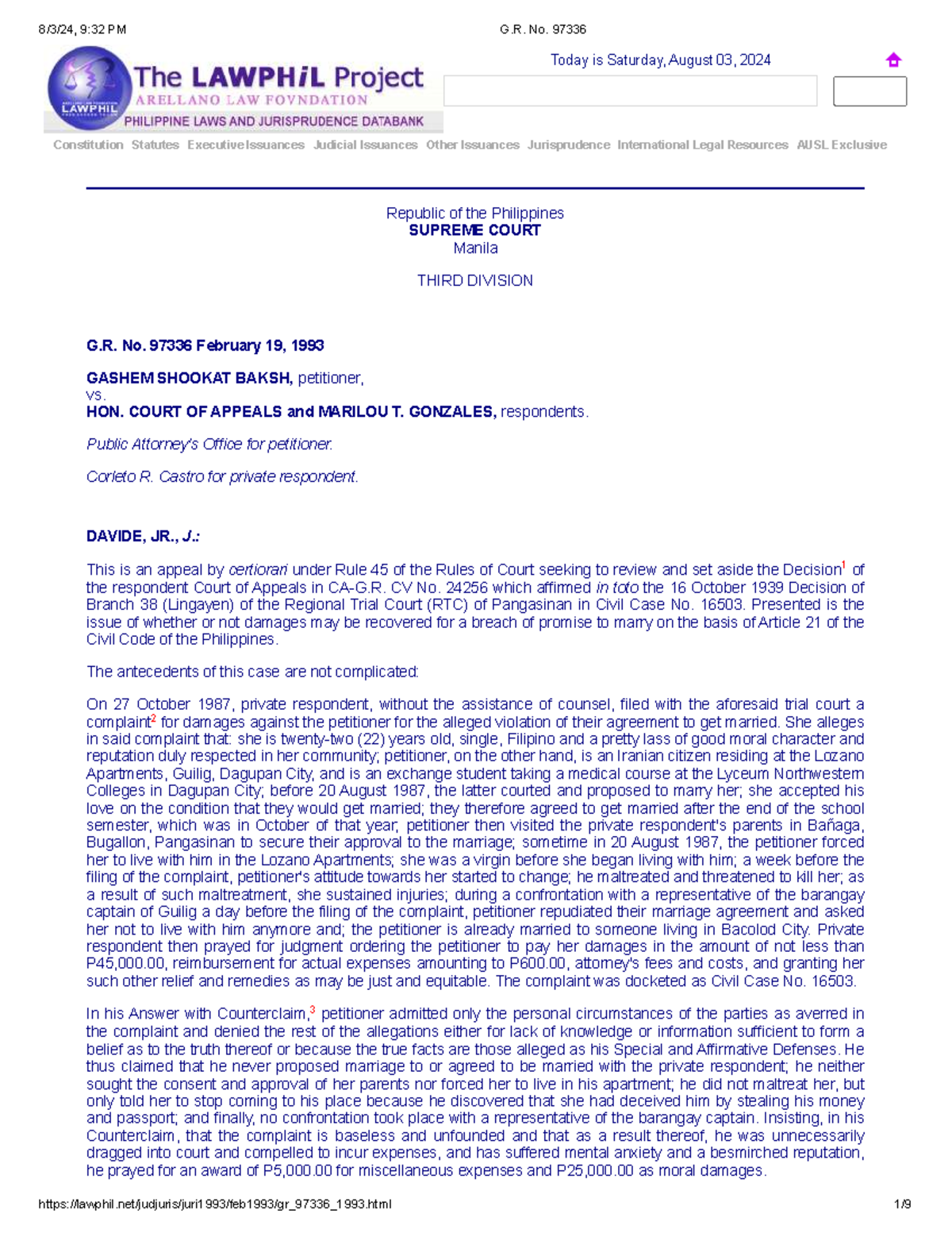 G.R. No. 97336: Analysis of Breach of Promise to Marry Case - Studocu