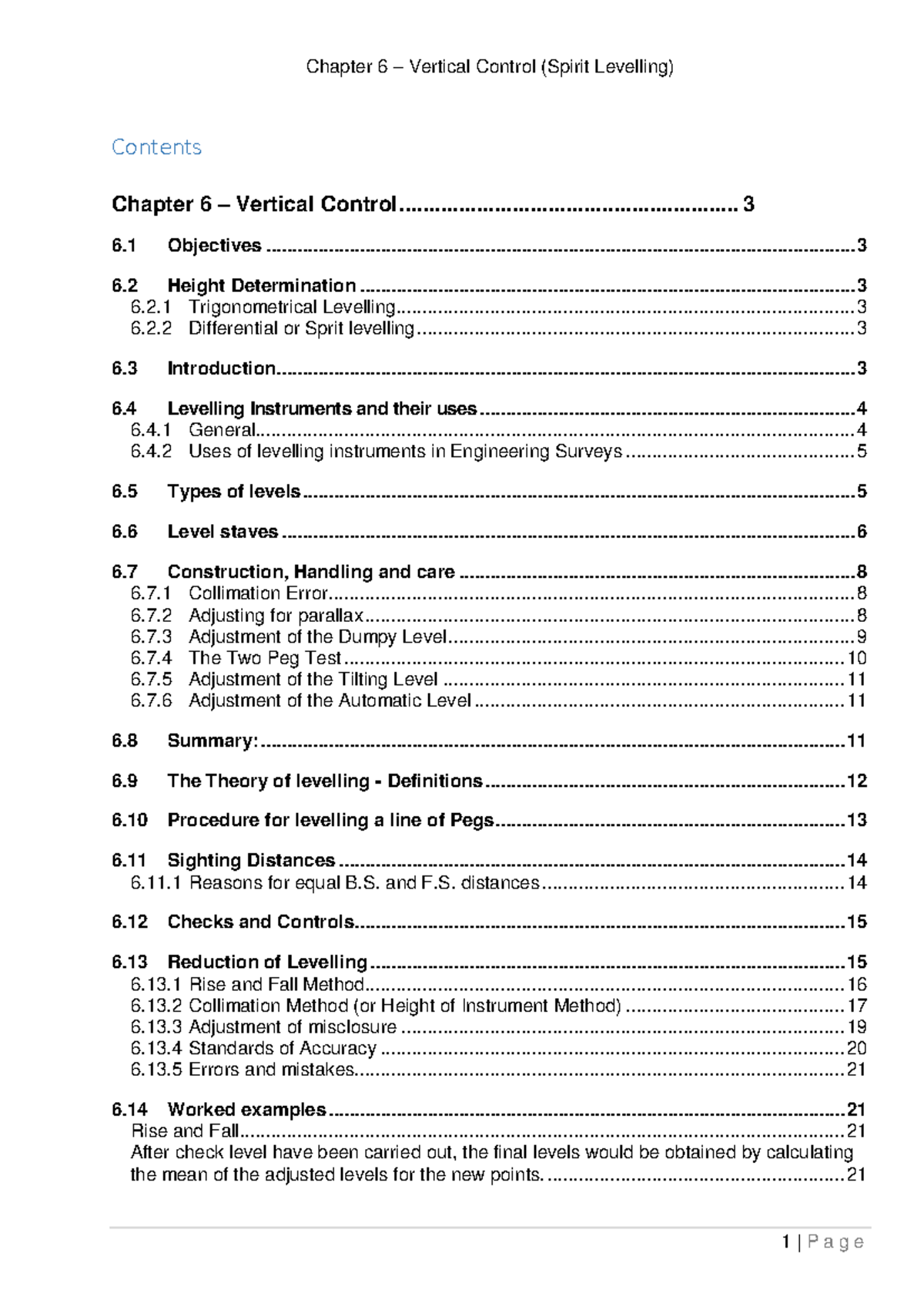 Chapter 6 - Vertical Control Spirit Levelling - Contents Chapter 6 ...