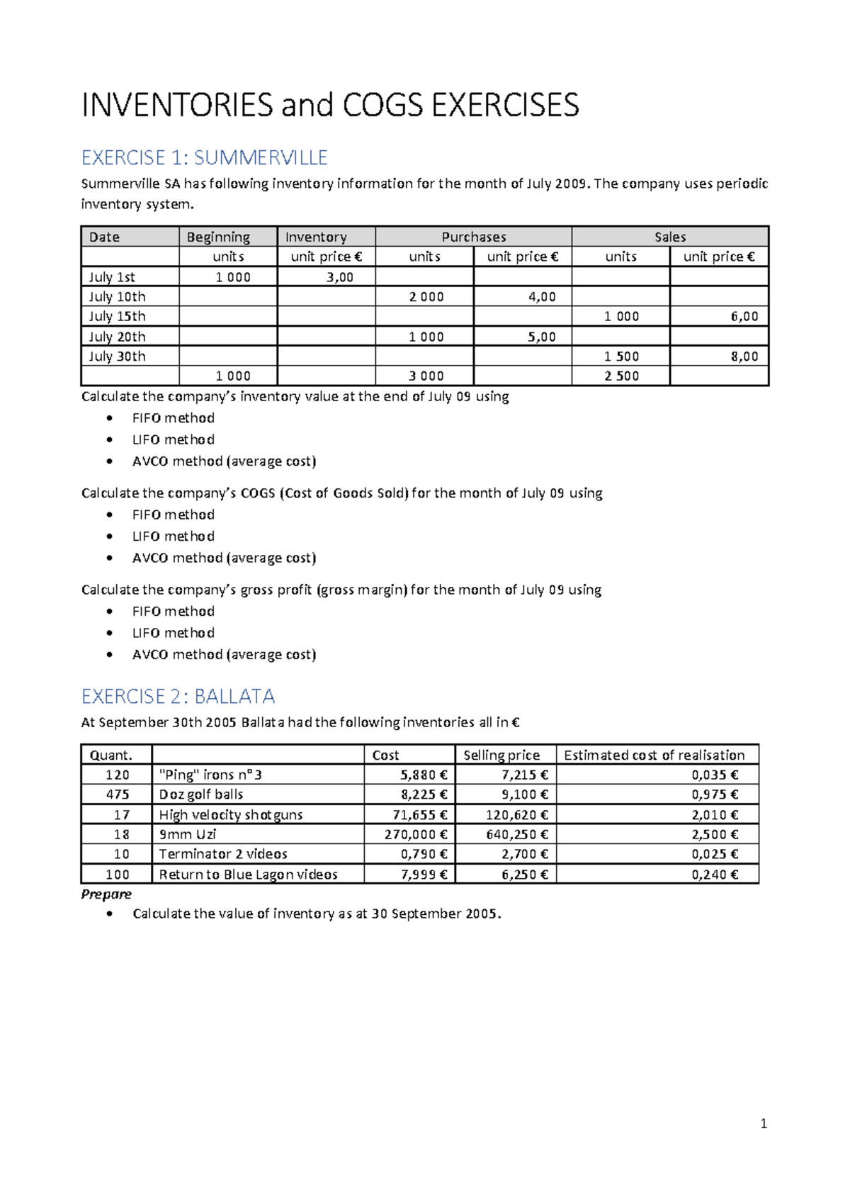 COGS & Inventory Exercises for Accounting (ACCT 202) - Studocu