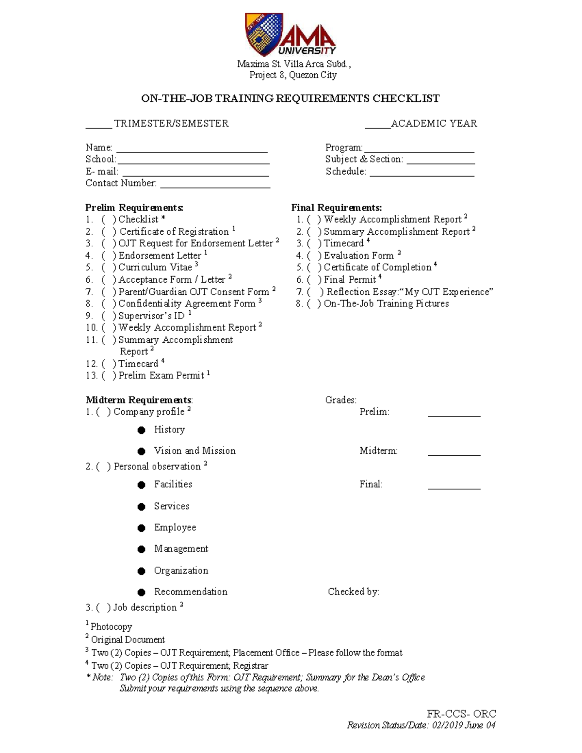 OJT Requirements Checklist 2019 CCS: Prelim, Midterm, Final - Studocu