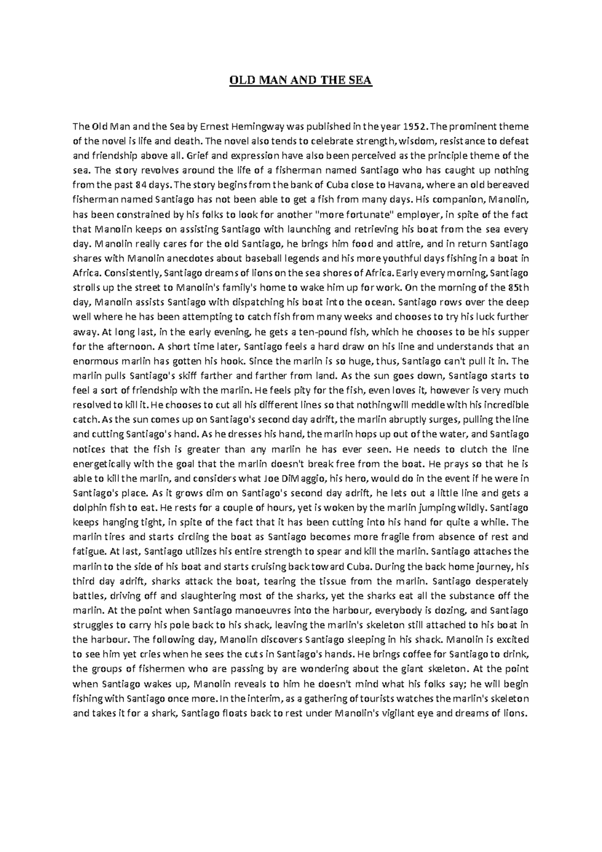 OLD MAN AND THE SEA - Very important notes... important paragraph ...