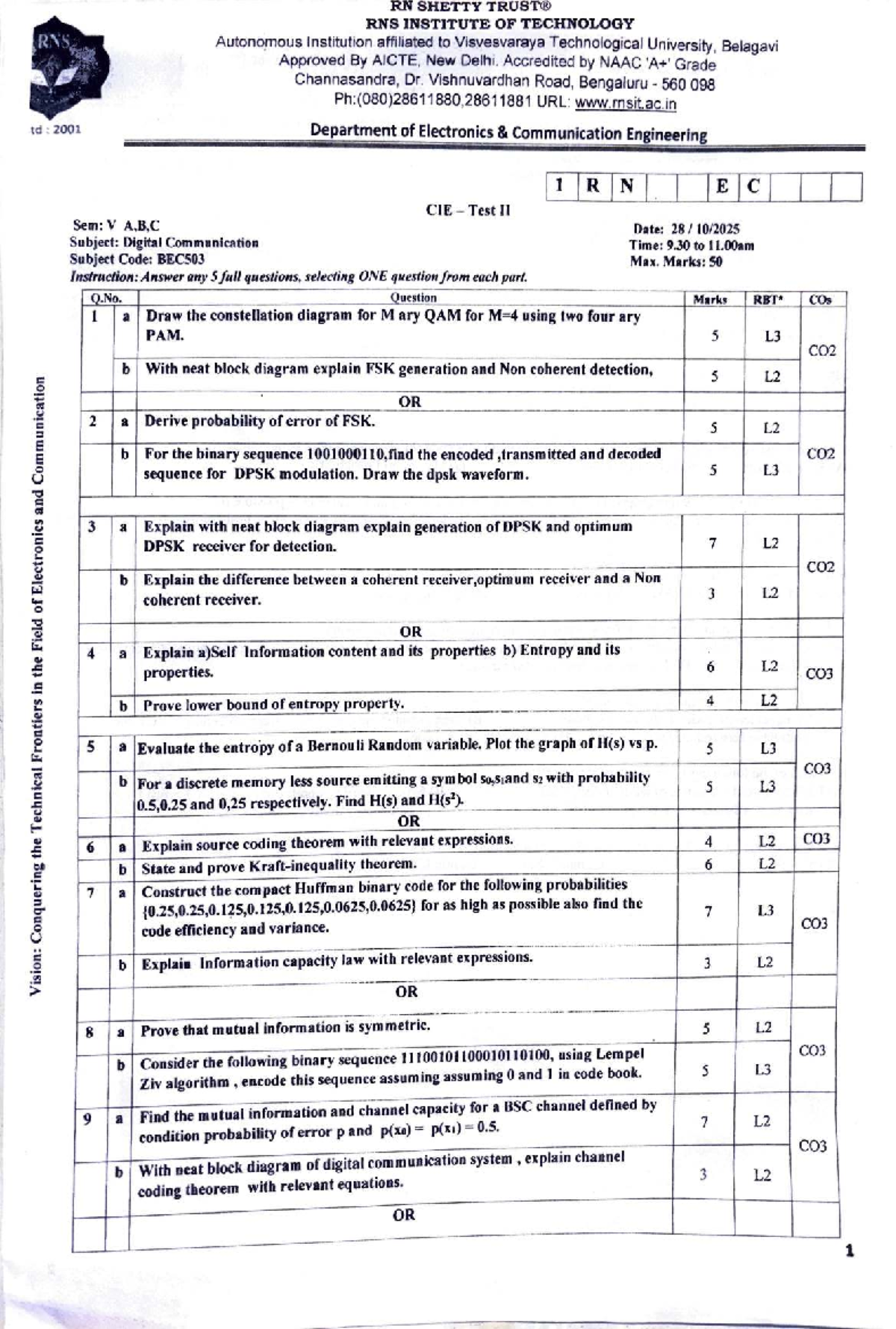 DC IA2 Scheme and Solution 2025 - BEC503 Digital Communication Exam ...