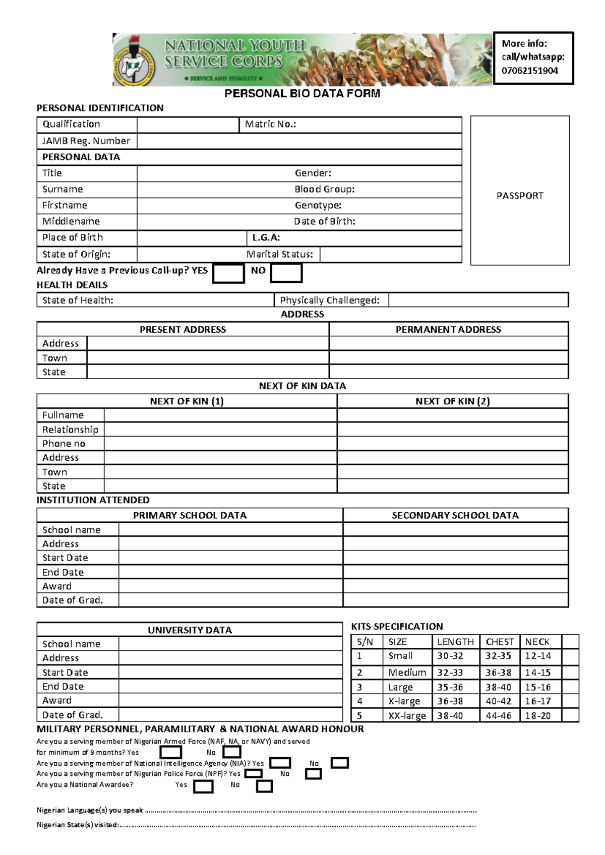 Nysc template 2017: Personal bio data form and identification - Studocu