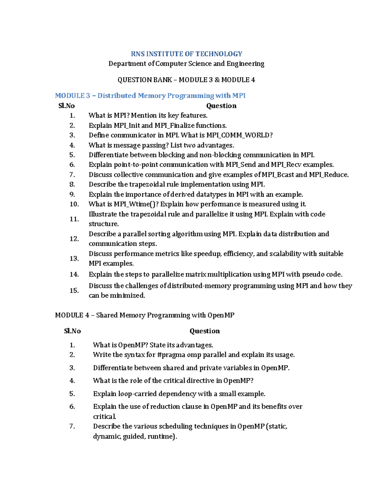 Parallel Computing Question Bank: Mod3 & Mod4 (CSE) - Studocu