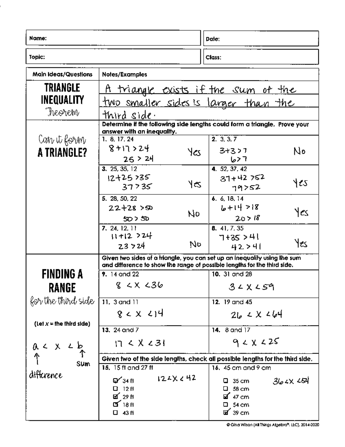 5.3 Geometry Triangle Inequality Practice Notes for Tests and EOC - Studocu