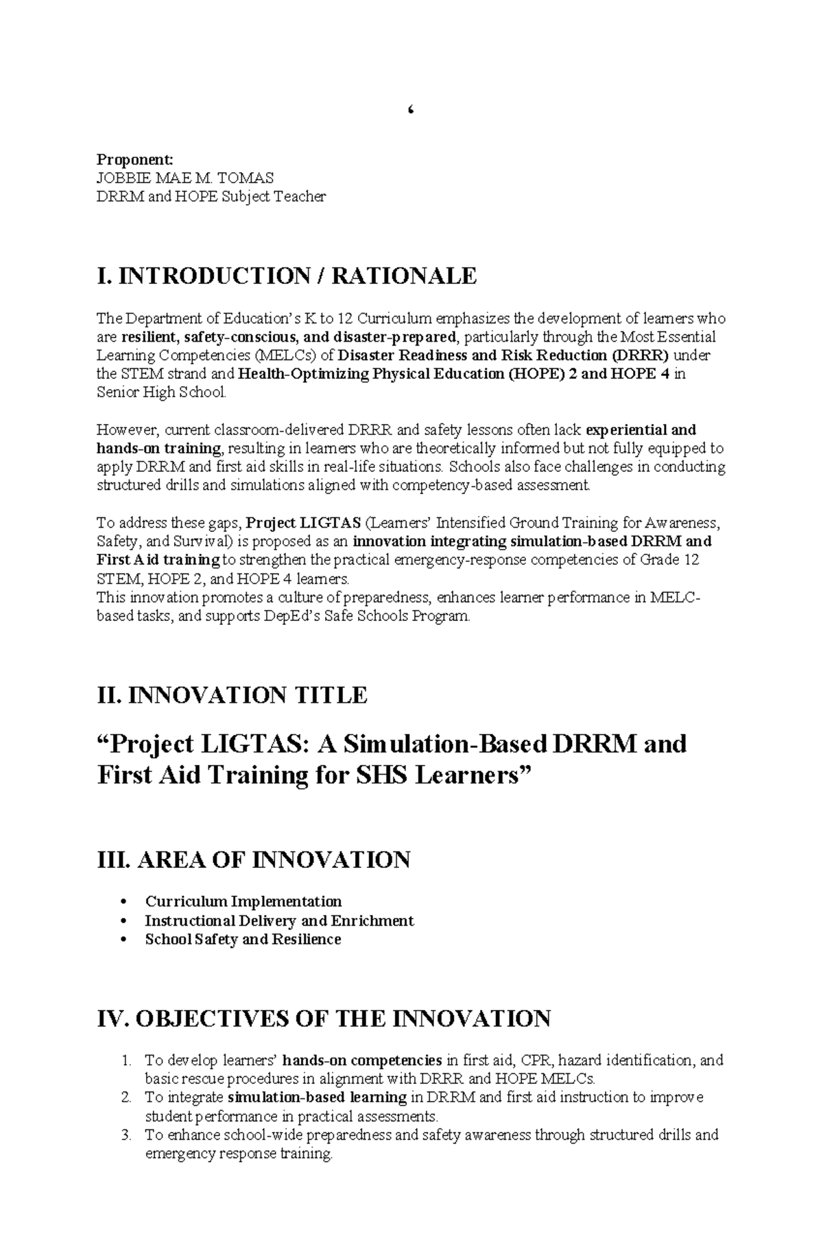 DRRM and HOPE Proposal: Project LIGTAS Training for SHS - Studocu