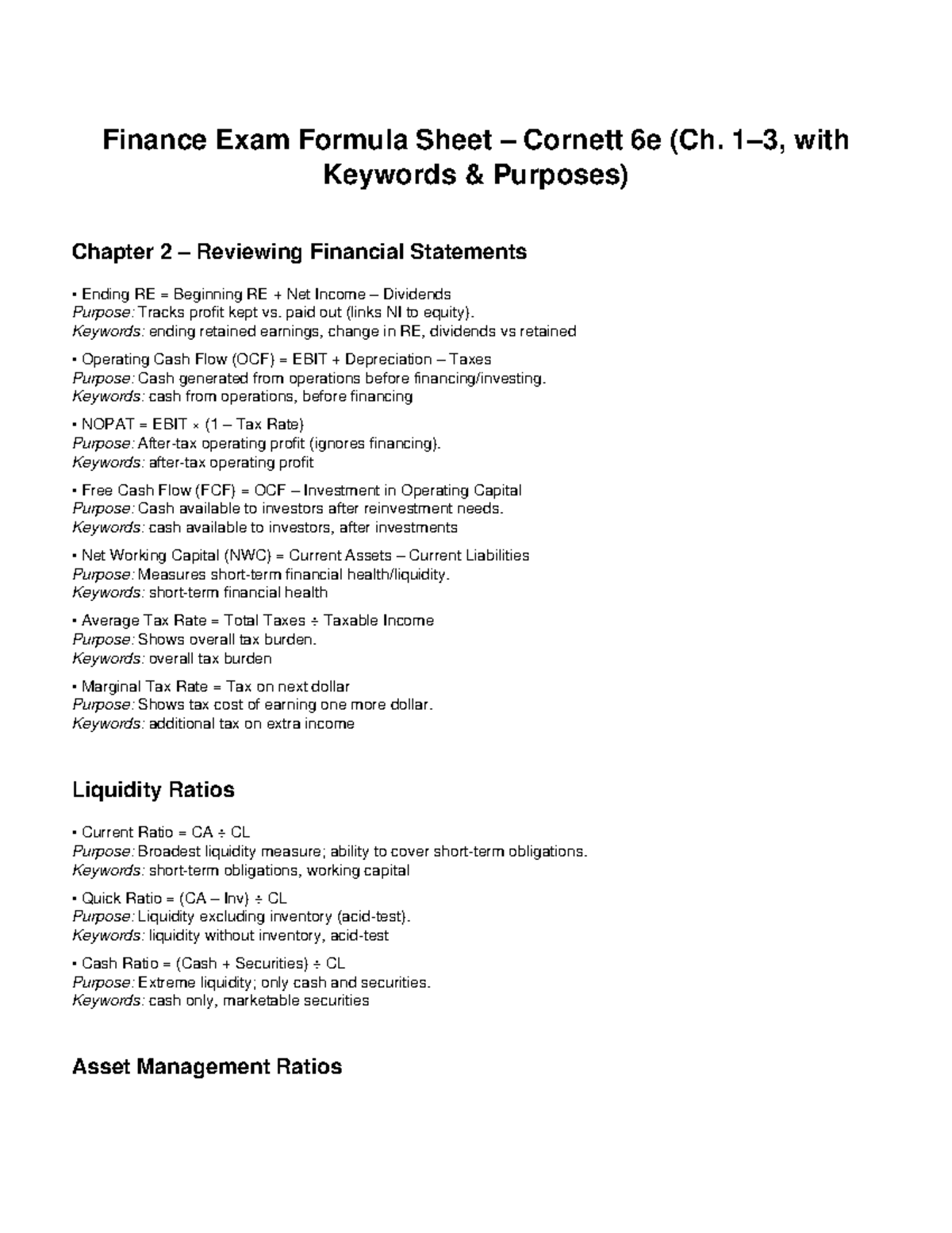 Finance Exam Formula Sheet (Cornett 6e) - Key Financial Concepts - Studocu