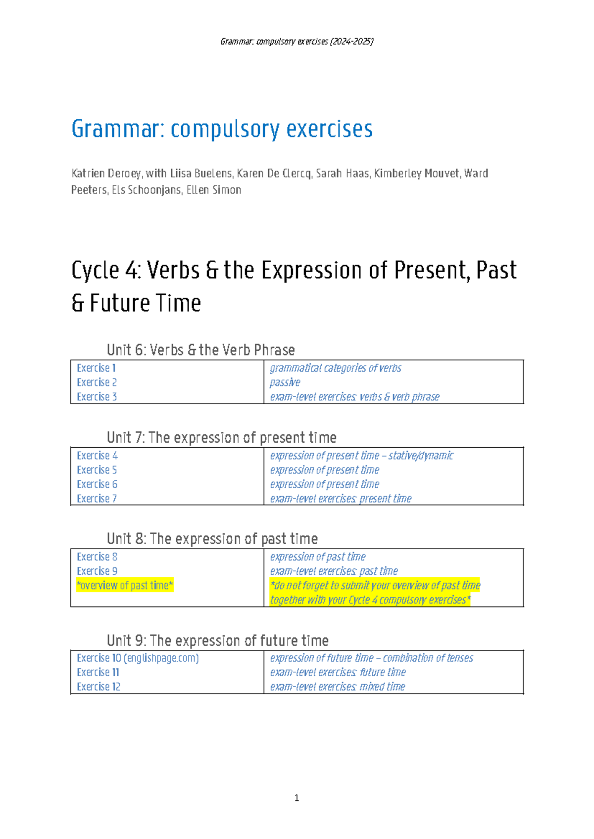 Grammar Exercises Cycle 4: Compulsory Exercises on Tenses - Studocu