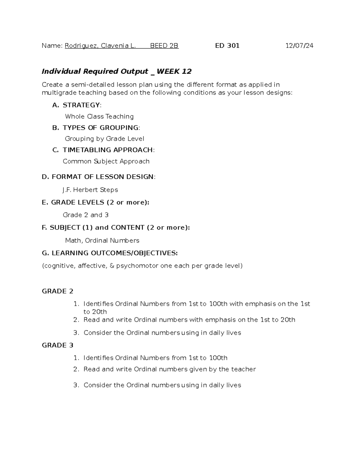 BEED 2B ED 301 Week 12 Lesson Plan on Ordinal Numbers for Grades 2 & 3 ...