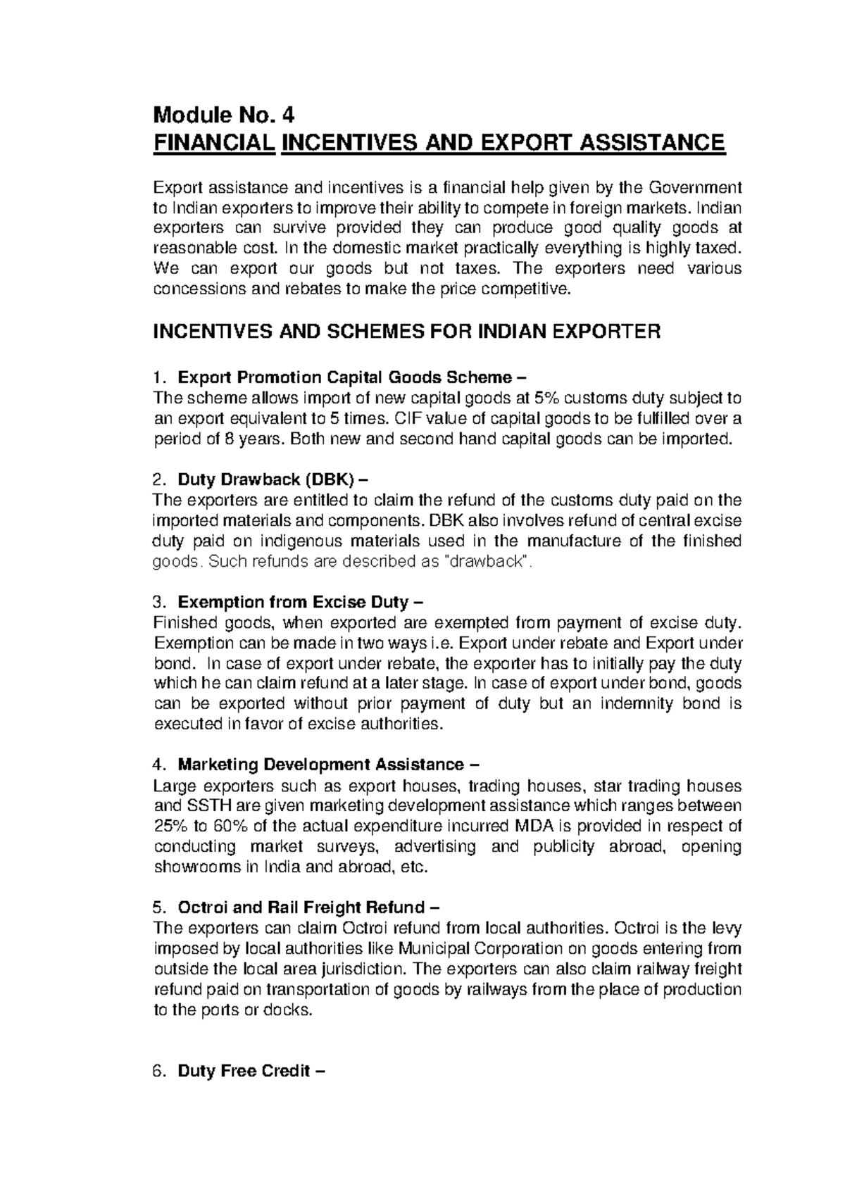 EM Notes of Module 4 Financial Incentives AND Export Assistance ...