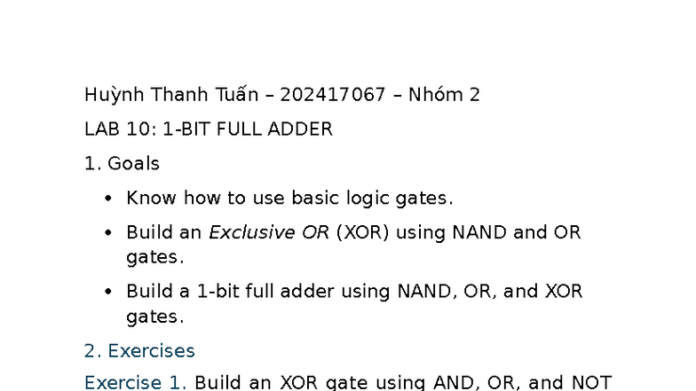 LAB 10: Full Adder and Logic Gates Exercises (202417067) - Studocu