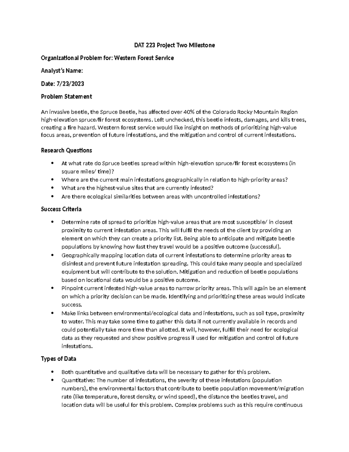 DAD 223 Project Two Milestone: Analyzing Spruce Beetle Infestation ...