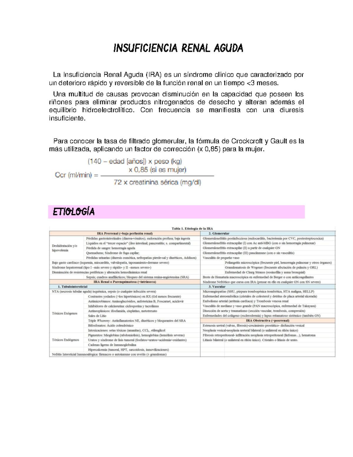 Notas de clase sobre IRA y ERC: Fisiopatología y Tratamiento - Studocu