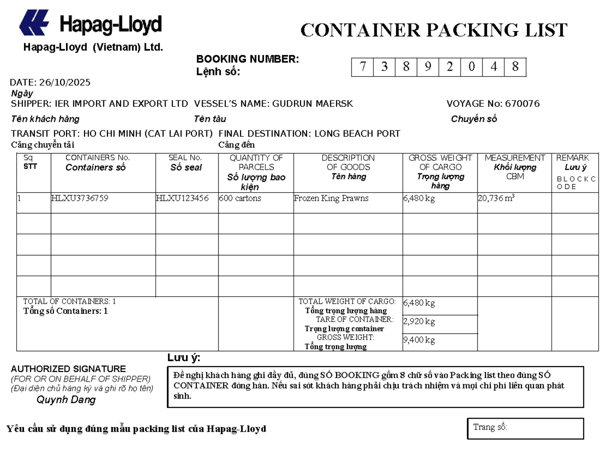 Packing List for Hapag Lloyd Shipment - Booking No: 73892048 - Studocu