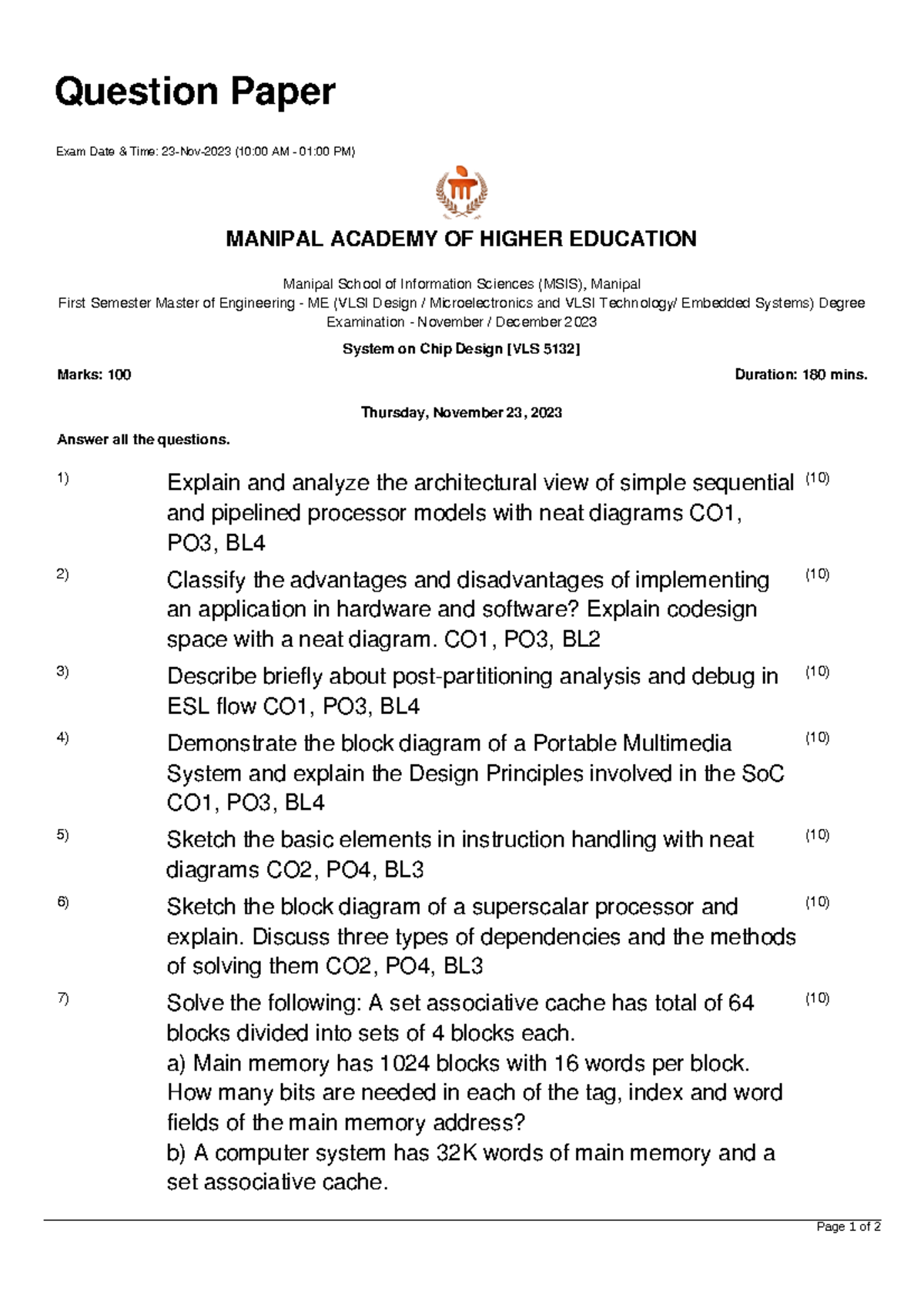 ME VLSI Design: System on Chip Design Exam Paper - Nov 2023 - Studocu