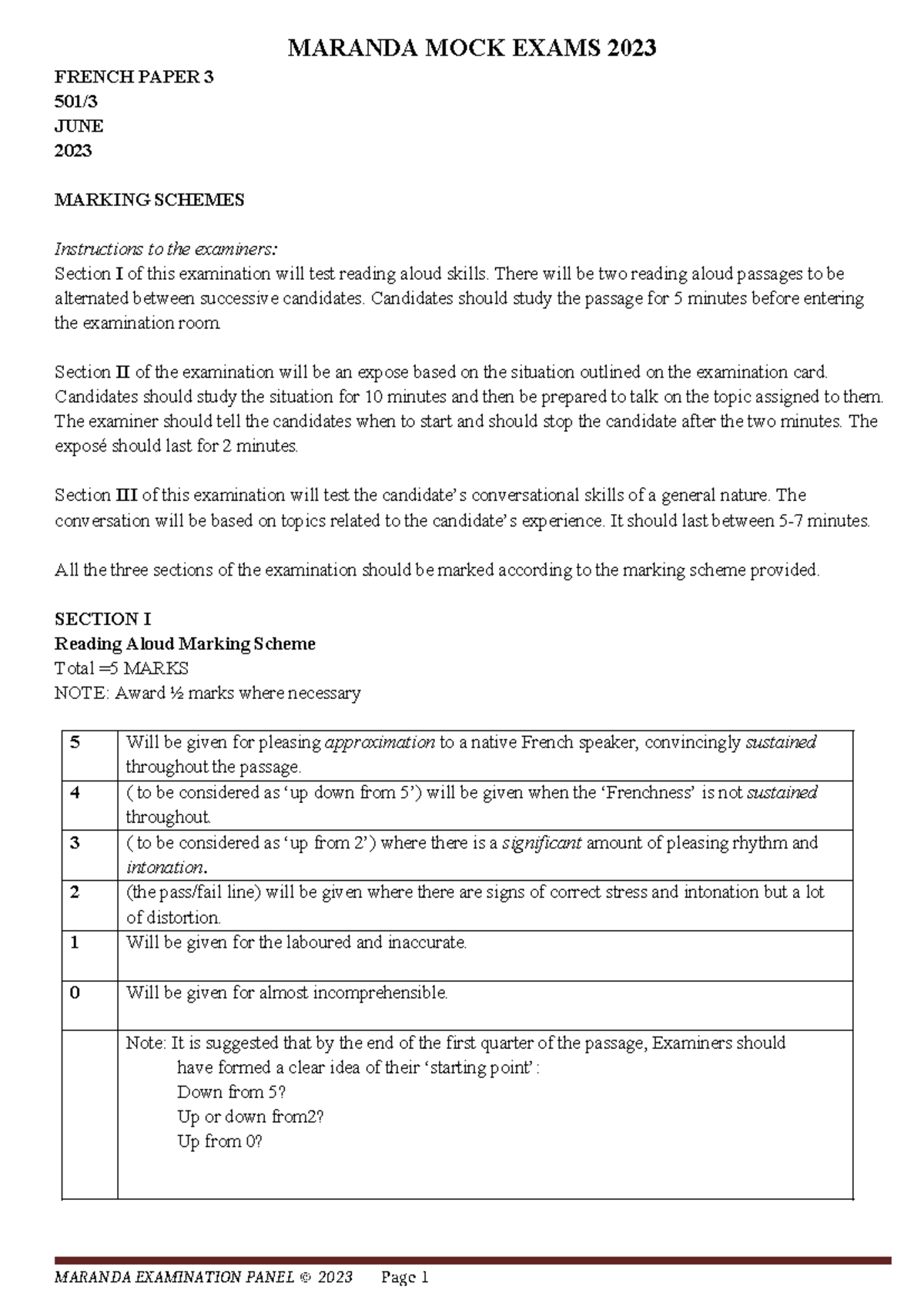 MARANDA MOCK EXAMS 2023 FRENCH PAPER 3 MARKING SCHEMES - Studocu
