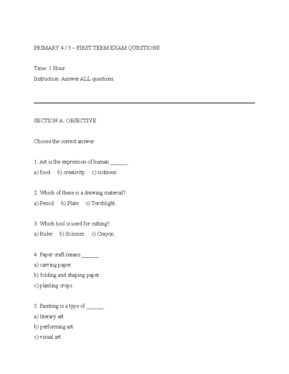 PRIMARY 4 5 FIRST TERM EXAM QUESTIONS - GUIDANCE - Studocu
