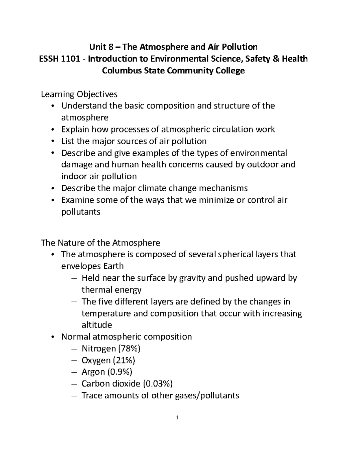 ESSH 1101 Unit 8: The Atmosphere and Air Pollution Overview - Studocu