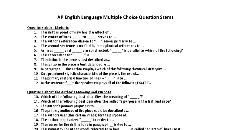 AP English Language MCQ Stems on Rhetoric and Structure - Studocu