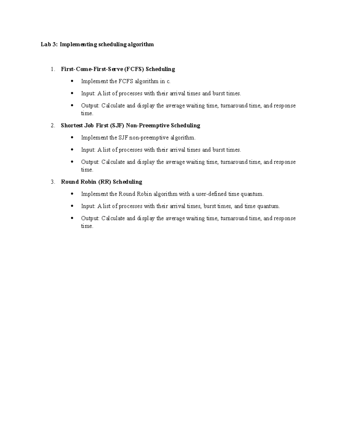 OS LAB 3: Scheduling Algorithms Implementation (FCFS, SJF, RR) - Studocu