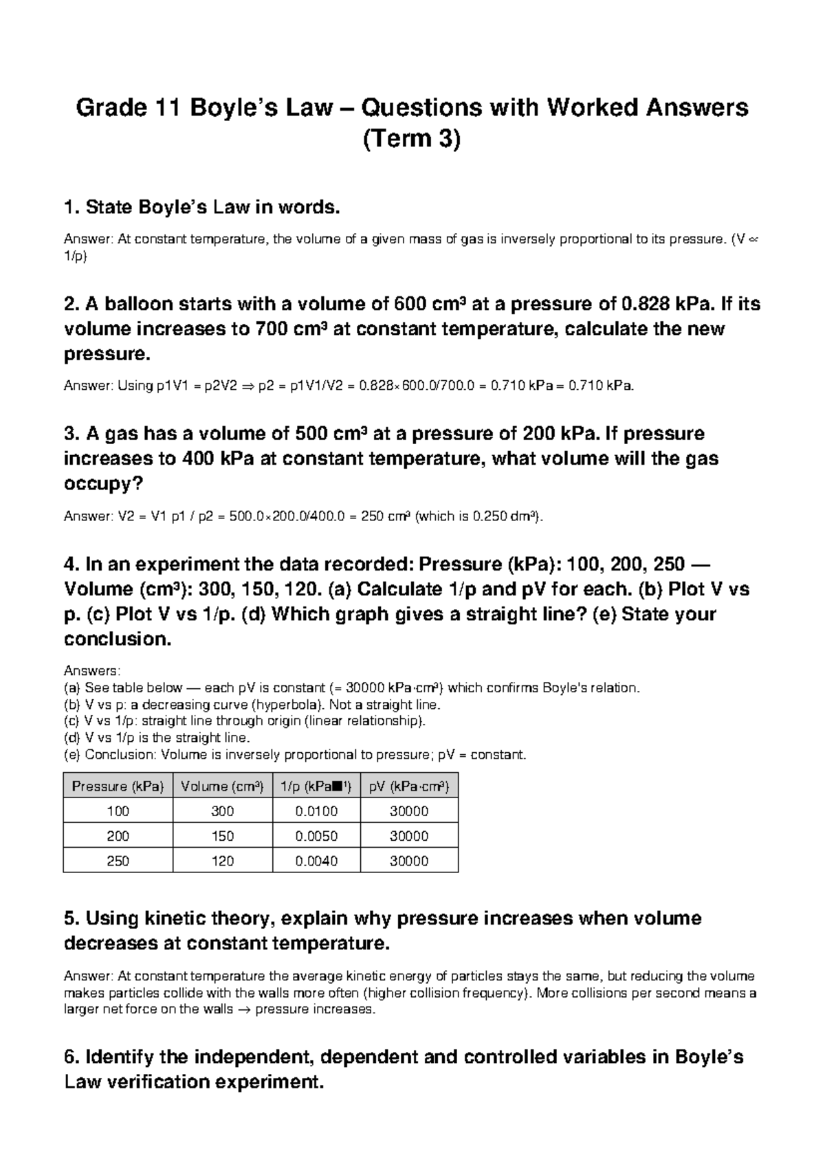 Boyle's Law Grade 11 Questions & Worked Answers (Term 3) - Studocu