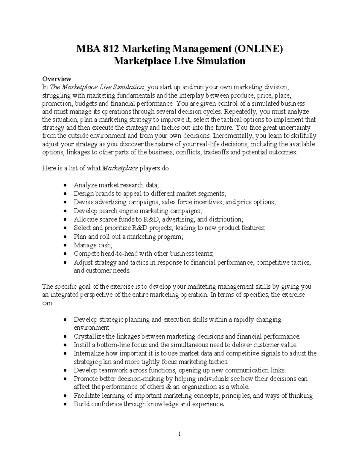Marketplace Live Simulation Overview for MBA 812 Marketing Management ...