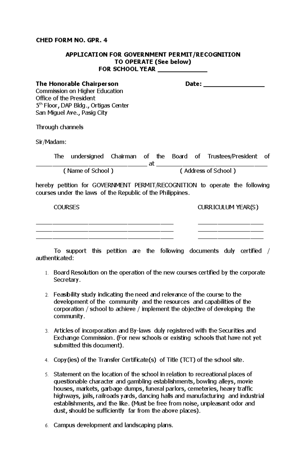 CHED FORM NO. GPR. 4 APPLICATION FOR GOVERNMENT OPERATION - Studocu