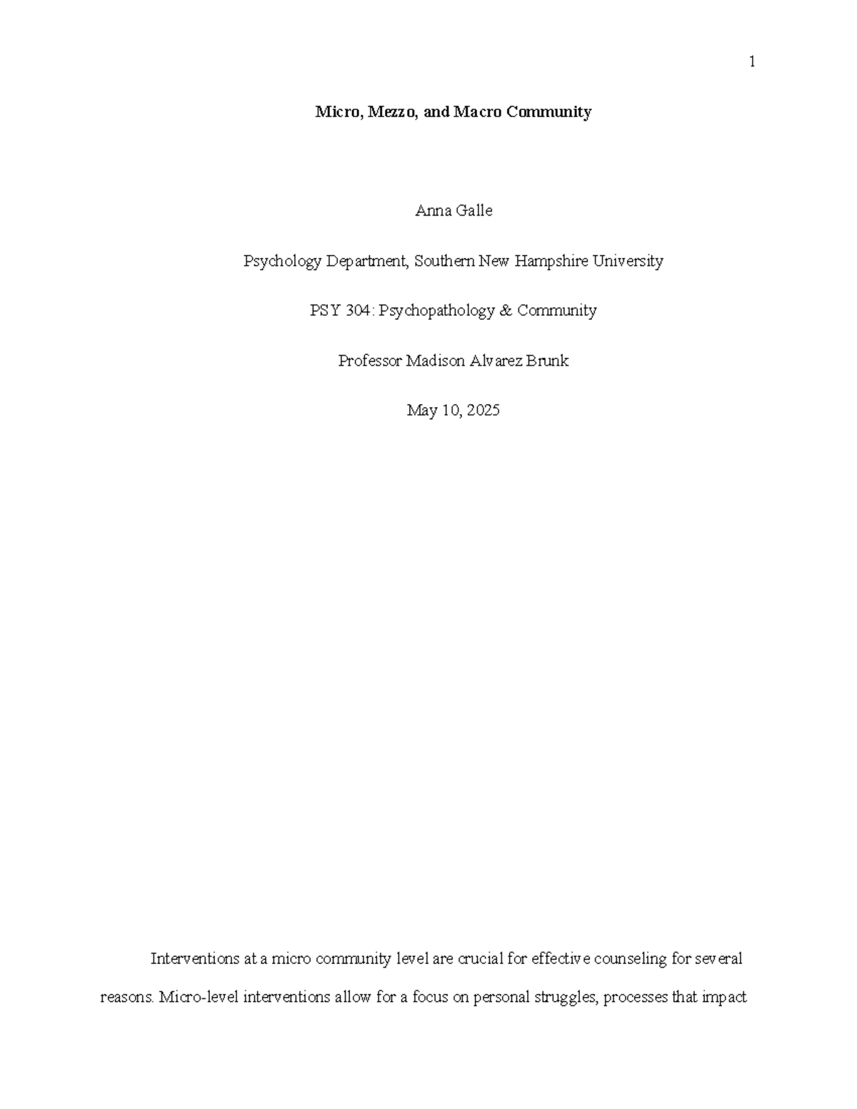 PSY 304: Micro, Mezzo, and Macro Community Interventions Journal - Studocu