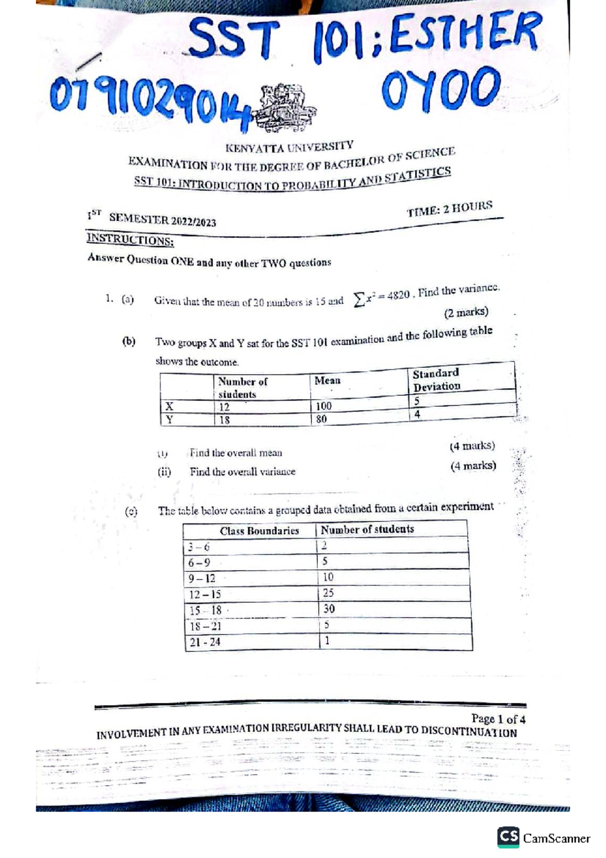 SST 101: Probability & Statistics Exam Papers - Esther OYOO - Studocu