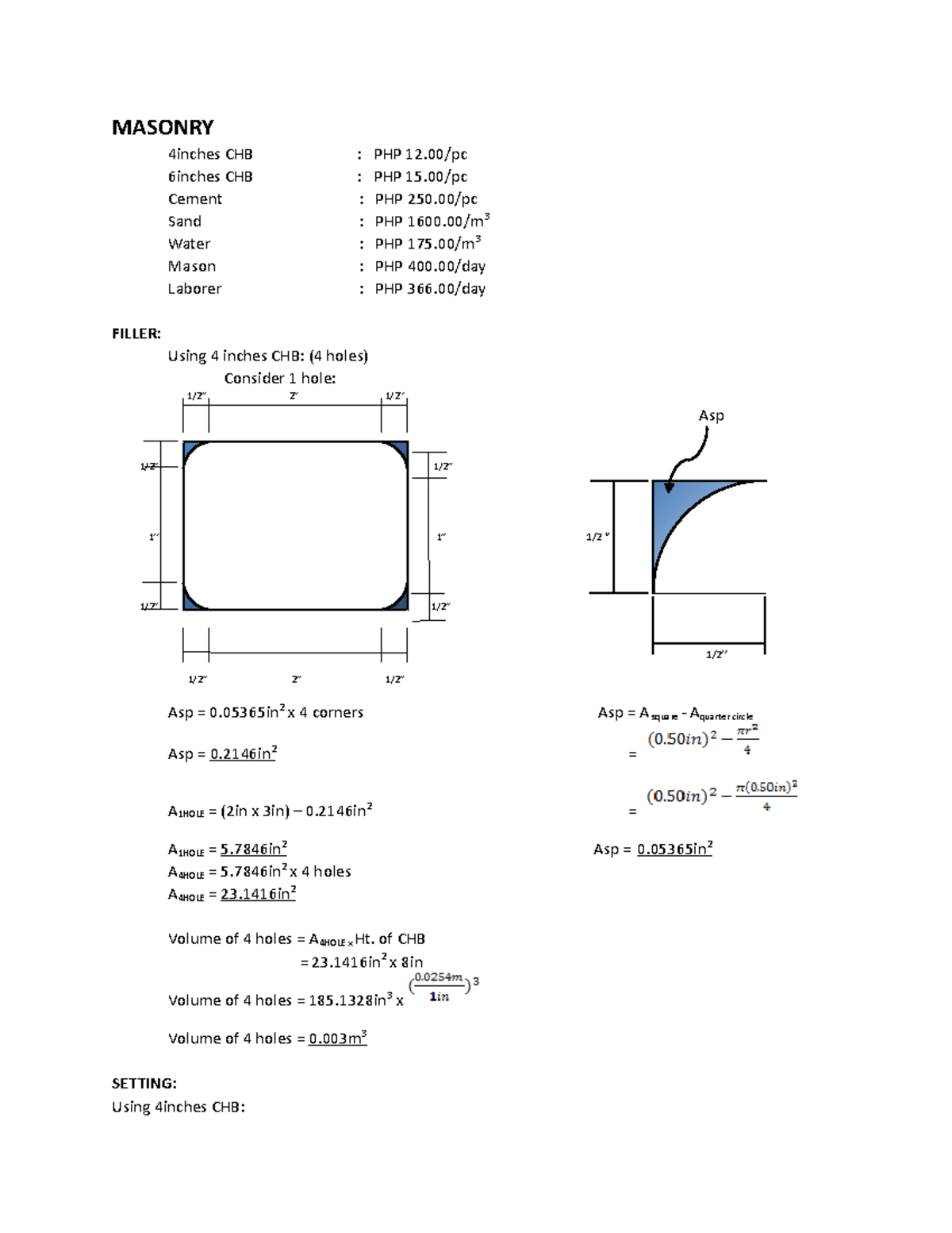 MASONRY Quota 3: Material & Labor Calculations for CHB 4" Project - Studocu