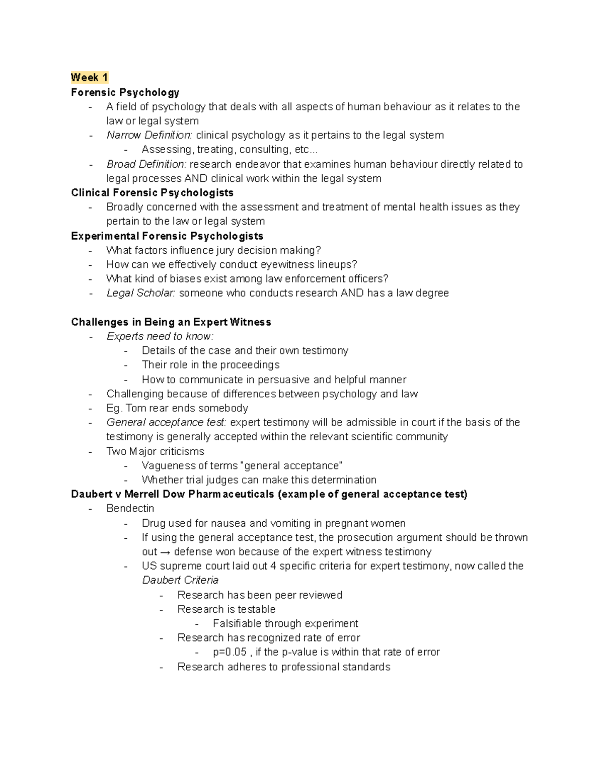 Midterm #1 Lecture Notes: Forensic Psychology Insights (Psych 3CC3 ...