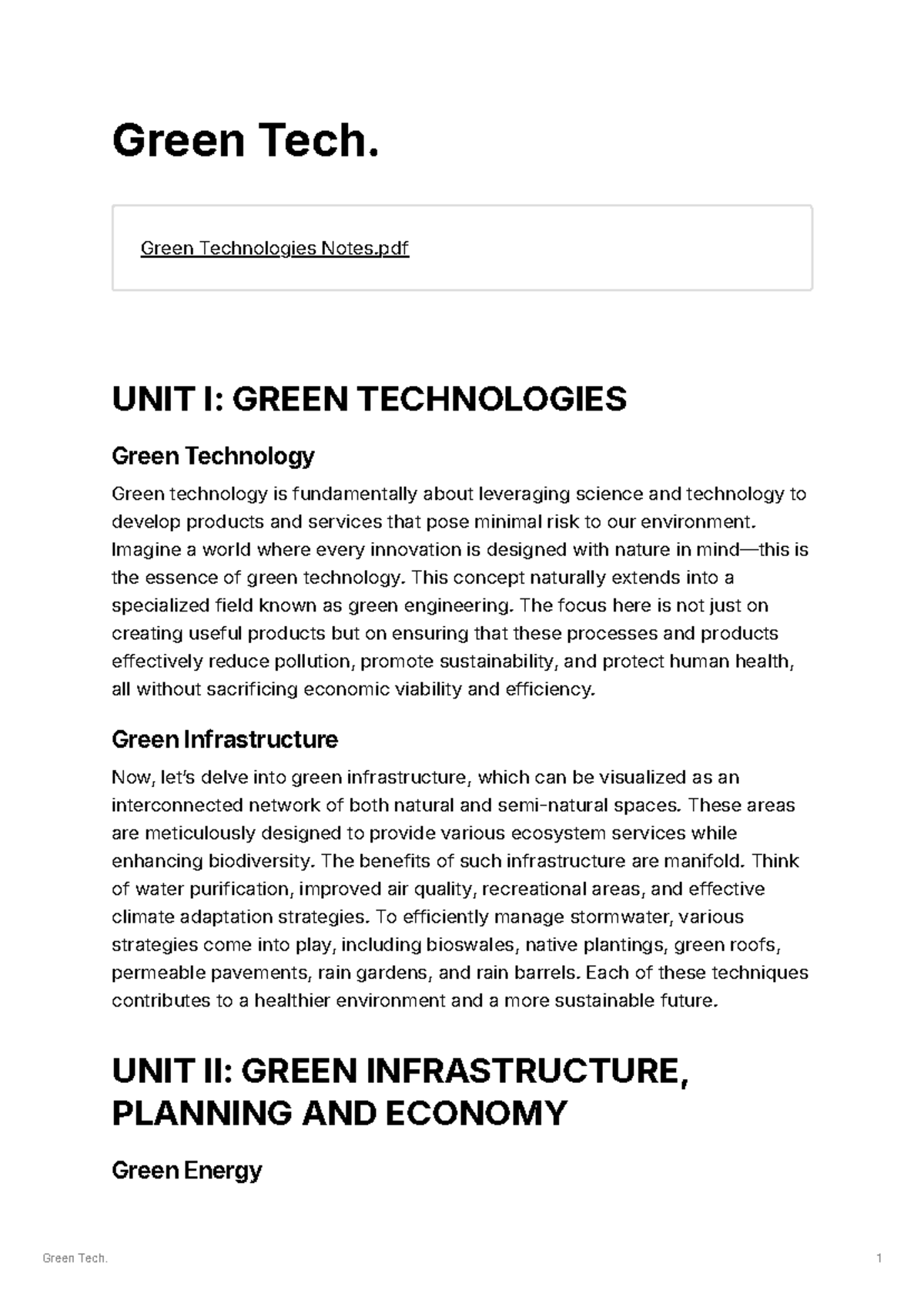 Green Technologies Notes: Exploring Sustainable Solutions - Studocu