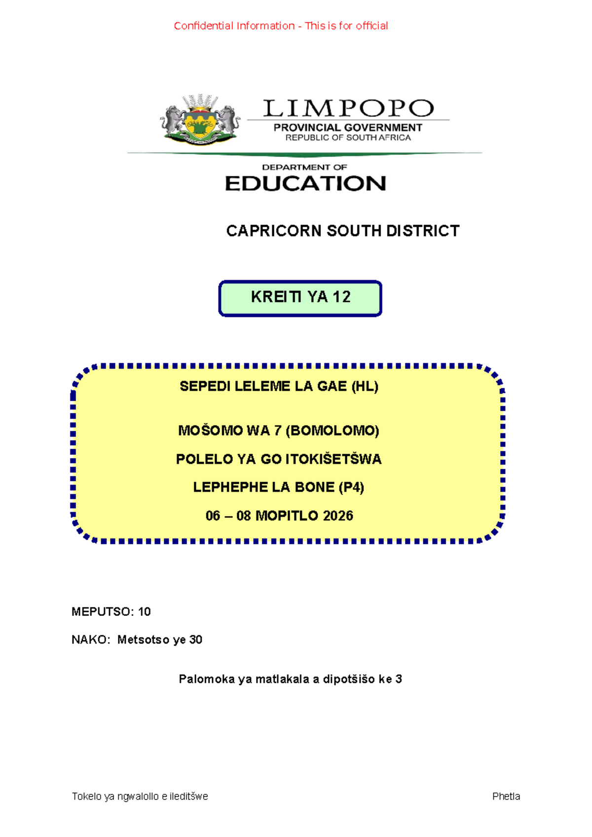 Grade 12 Task 7: Bomolomo for Sepedi Leleme la Gae (HL) P4 2026 - Studocu