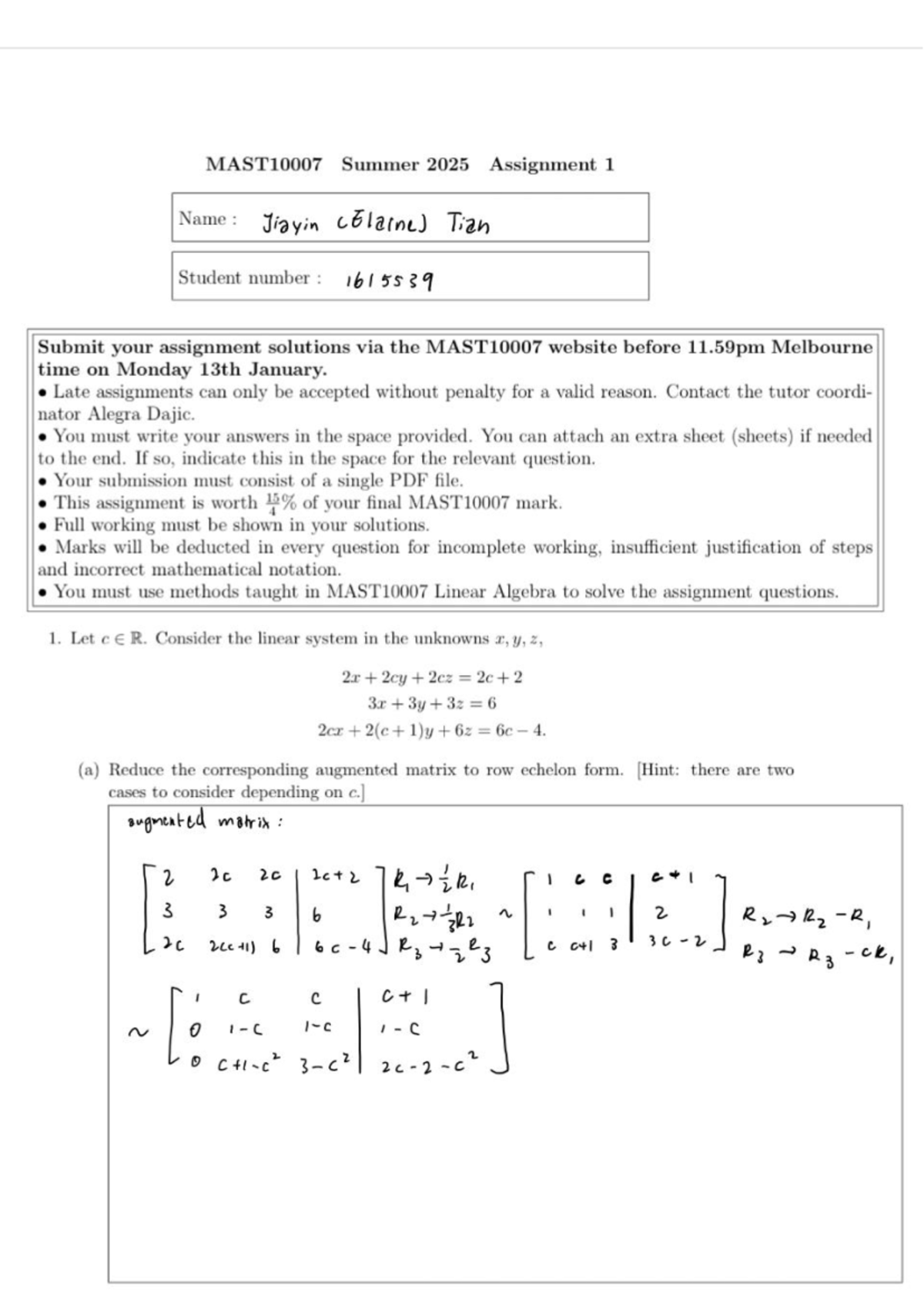 Linear Algebra Assignment 1 solutions summer term 2025 - Summer 2025 ...