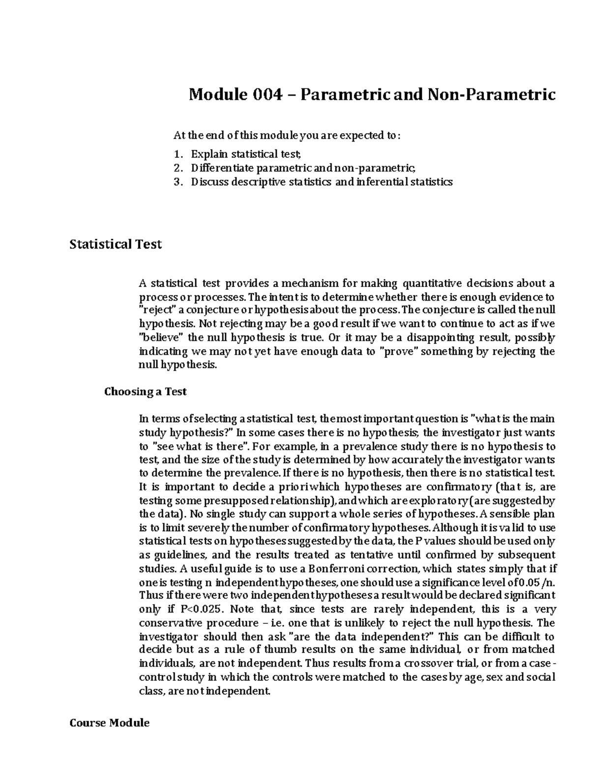 Lesson 4: Parametric vs Non-Parametric Statistical Tests Module - Studocu
