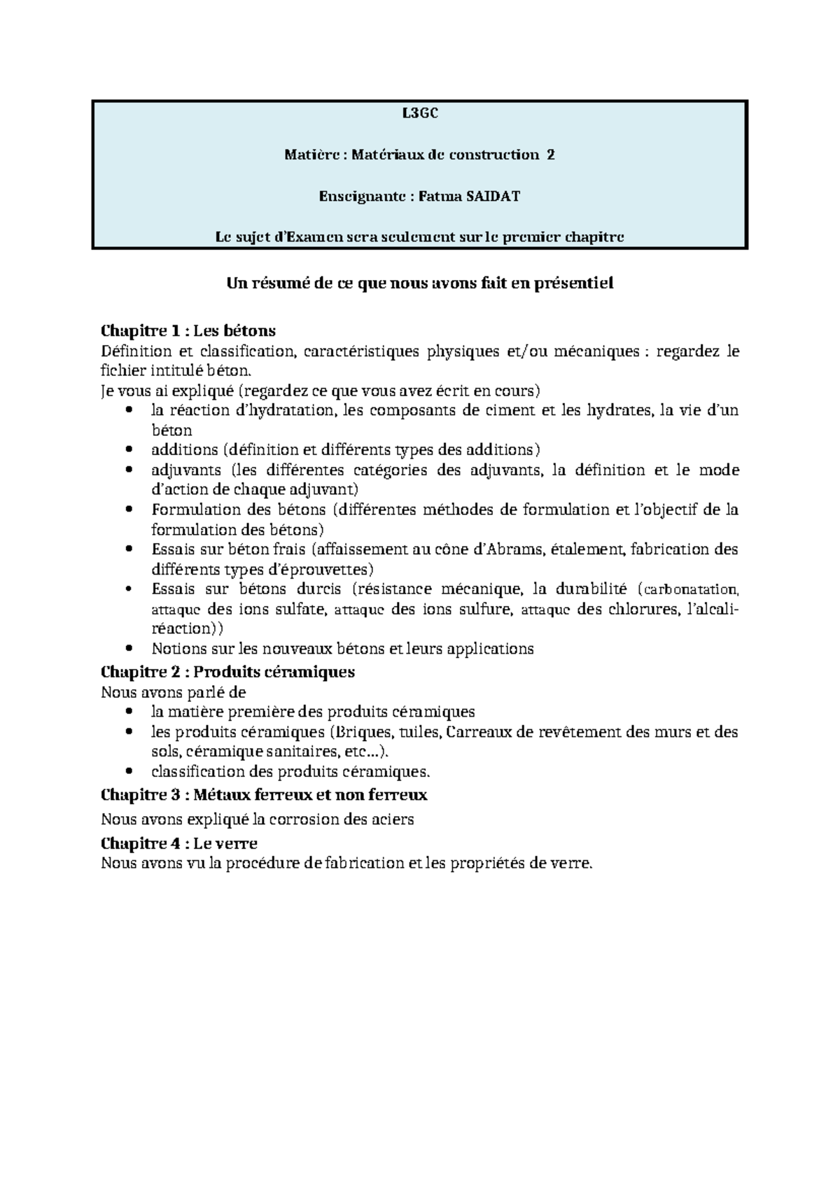 L3GC Résumé Chapitre 1 : Les Bétons et Matériaux de Construction - Studocu