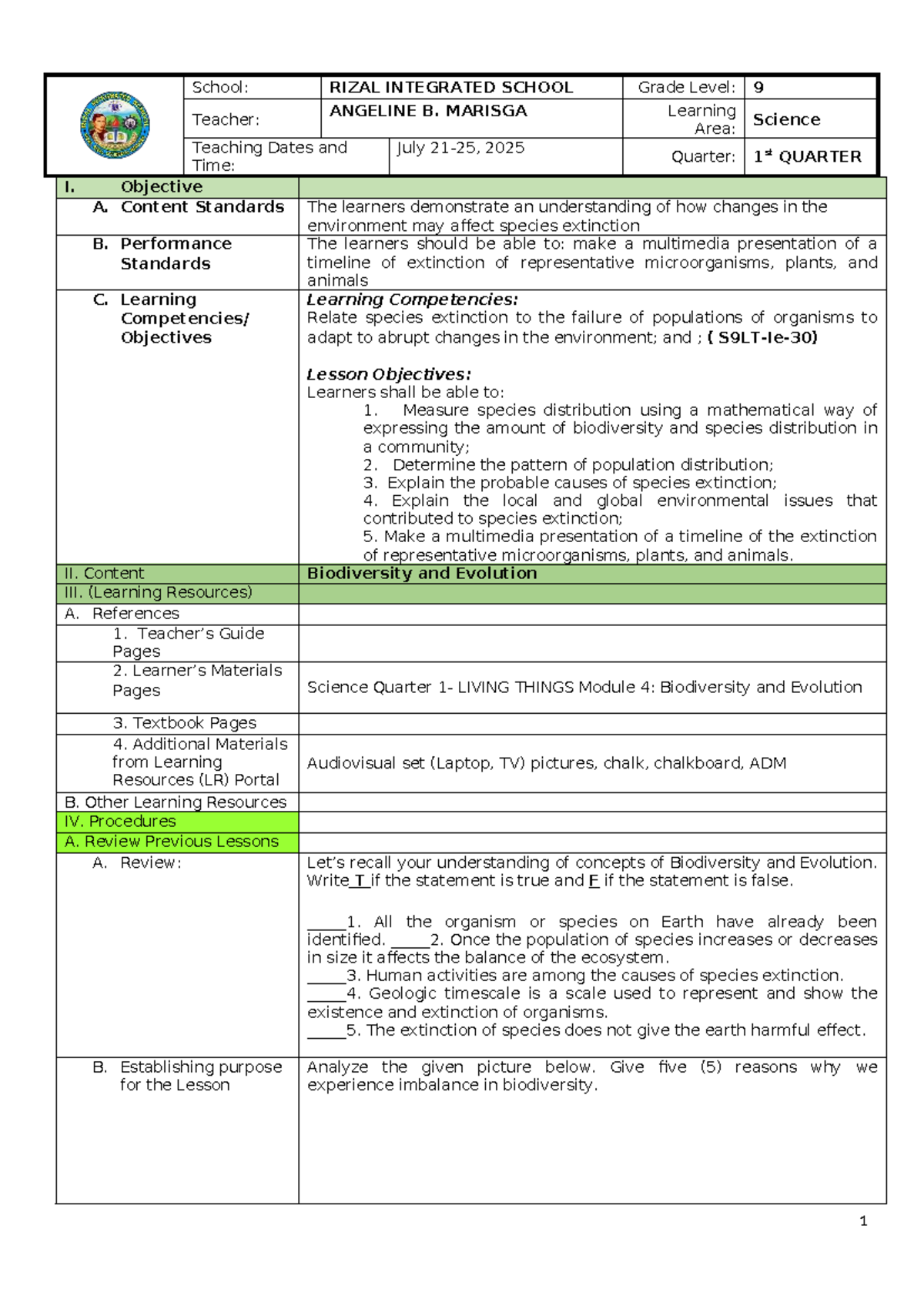 Science 9 DLP Week 5: Detailed Lesson Plan on Biodiversity & Extinction ...