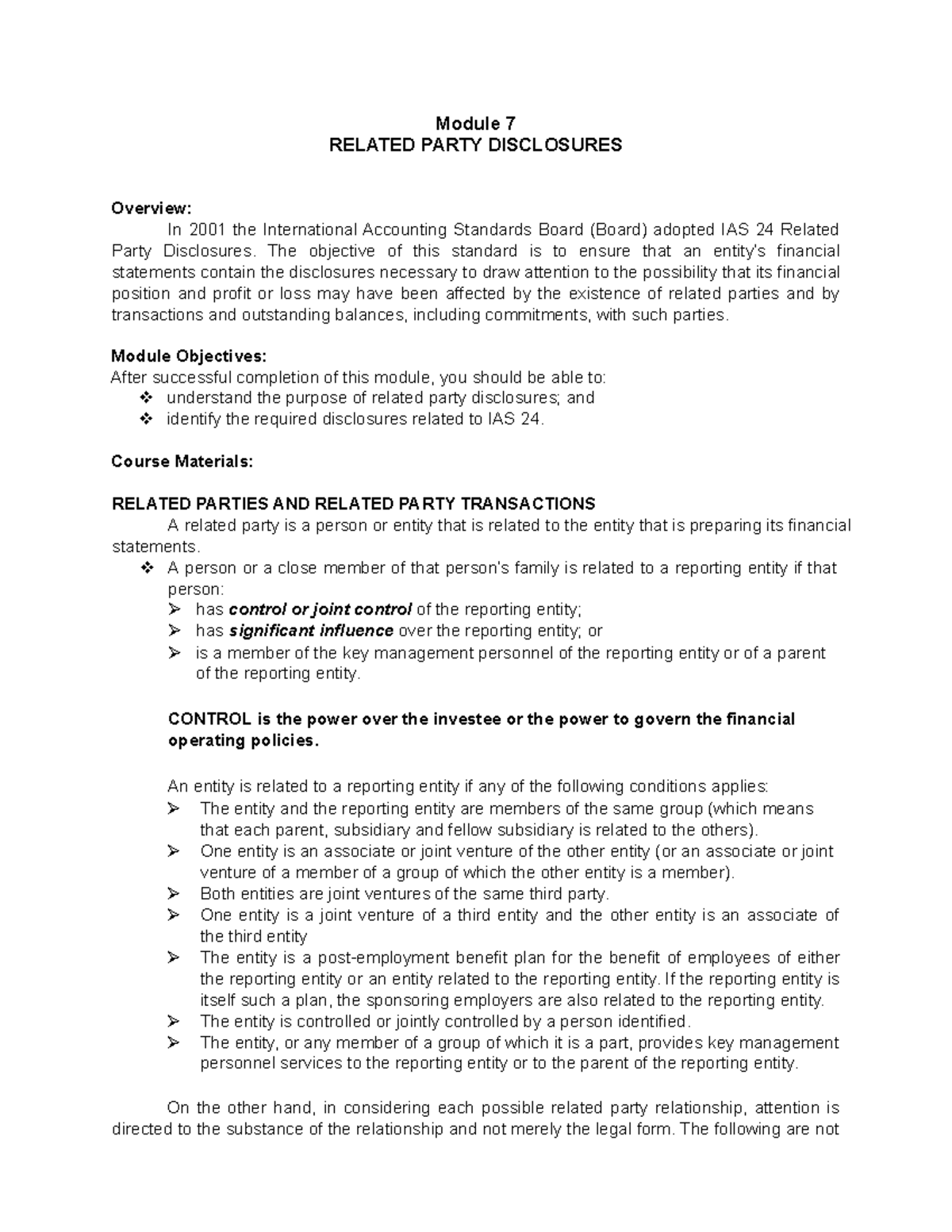 Module 7 Related Parties - Module 7 RELATED PARTY DISCLOSURES Overview: In 2001 the ...