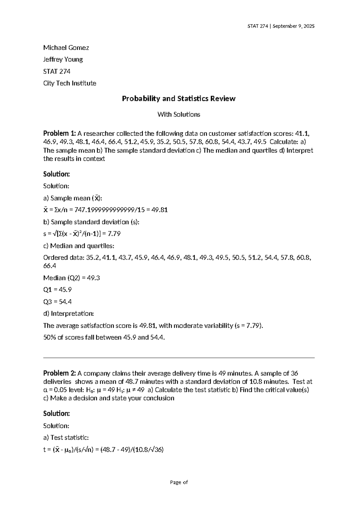 STAT 274 Probability and Statistics Review with Solutions - Studocu