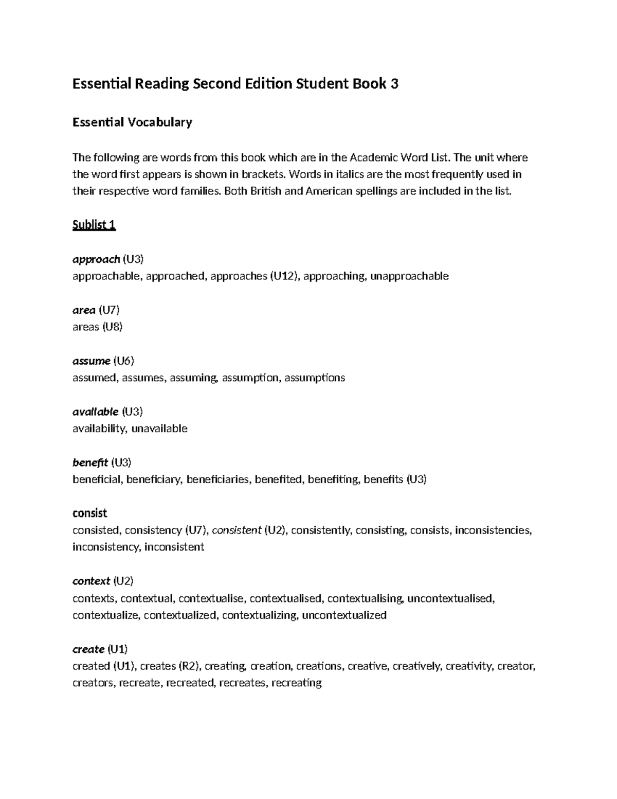 Essential Reading 2nd Ed. Level 3 Vocabulary Wordlist - Studocu