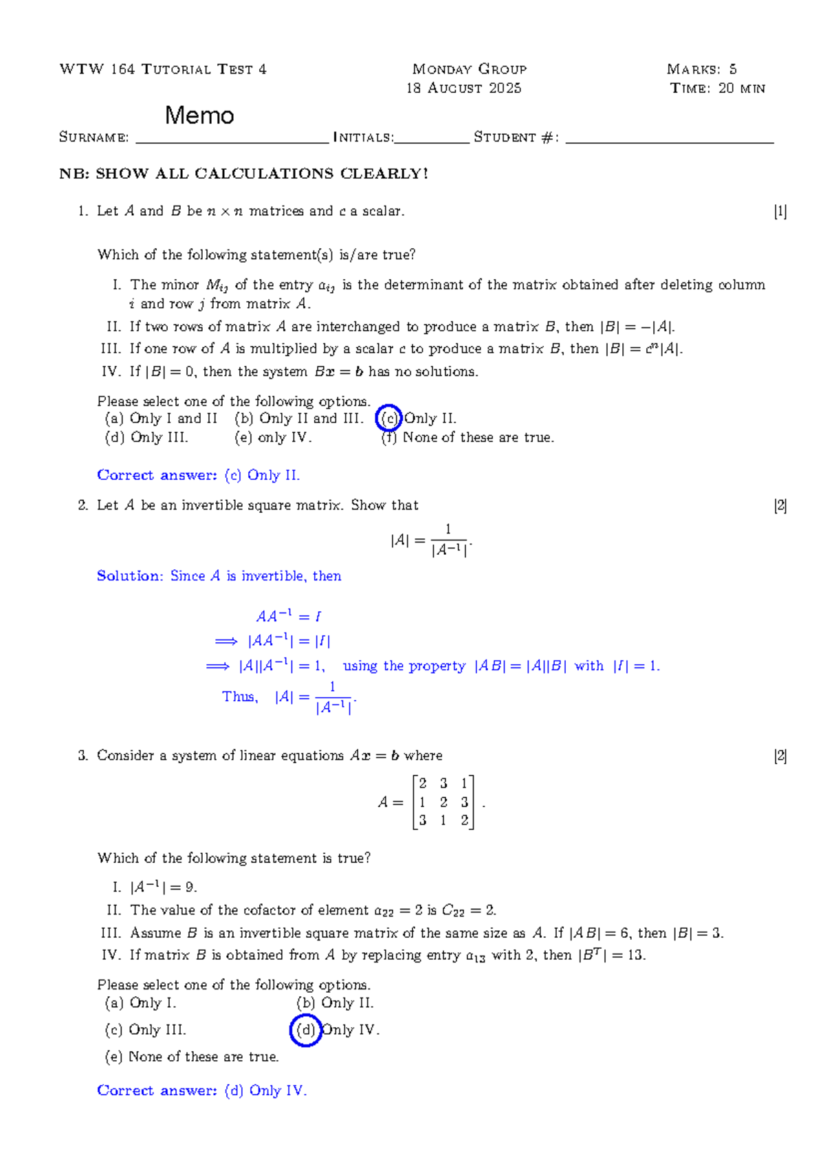 WTW 164 Tutorial Test 4 - August 2025 Solutions and Memo - Studocu