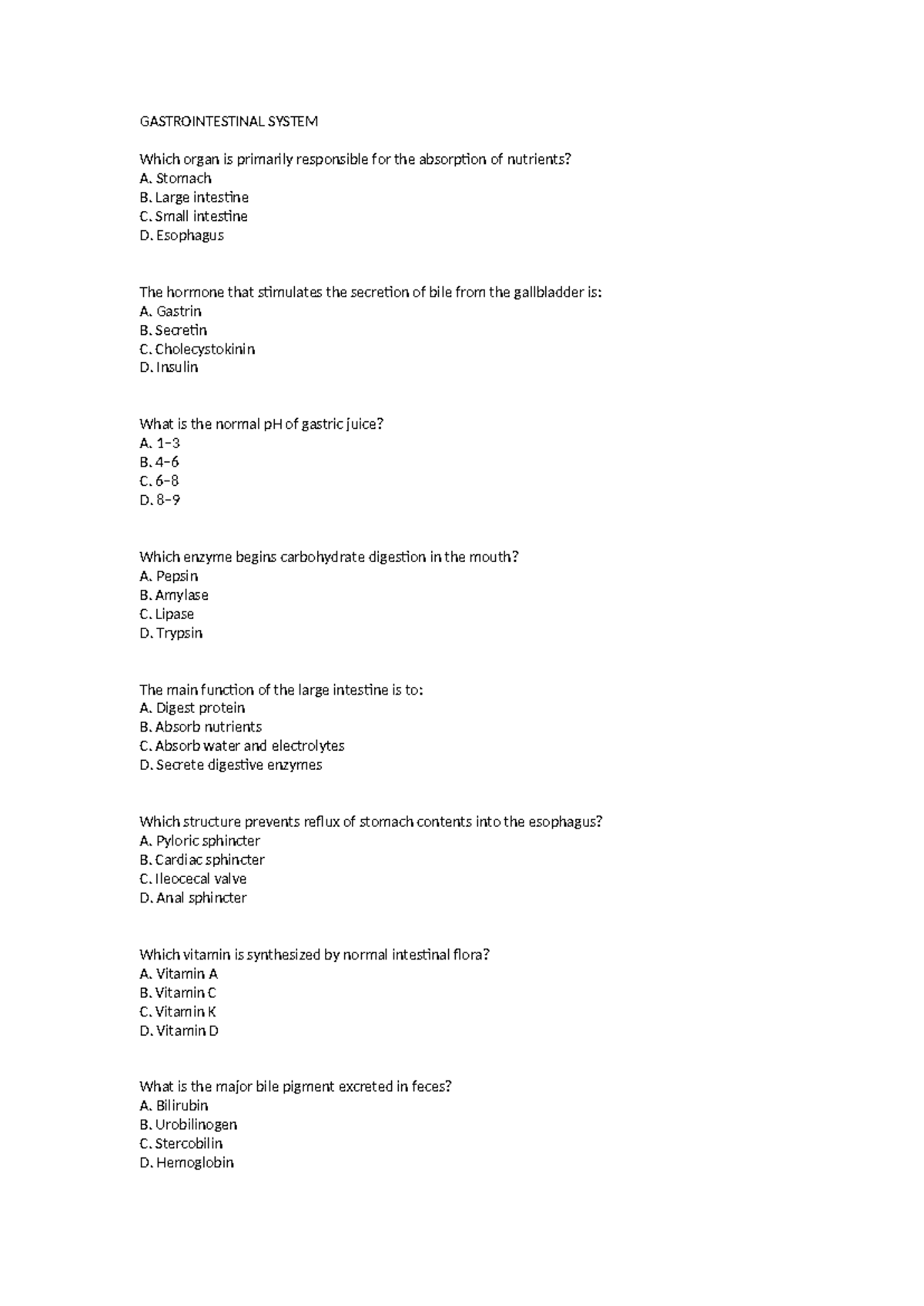 GASTRO 101: GI System Quiz & Key - Studocu