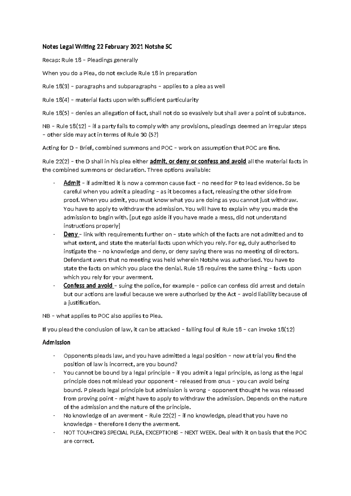 Legal Writing Notes for Rule 18 – Pleadings Overview (22/02/21) - Studocu