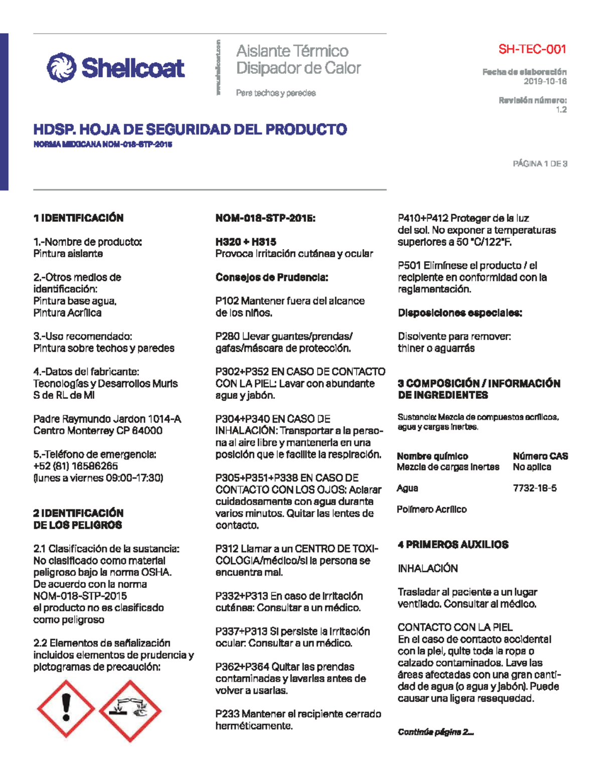 Hoja de Seguridad del Producto Shellcoat HDSP - Aislante Térmico - Studocu