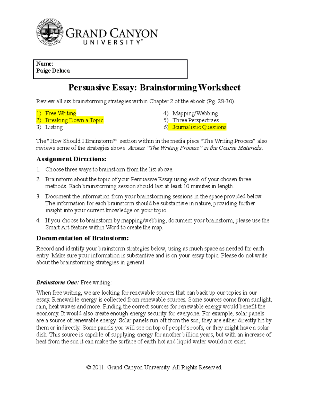 Brainstorming worksheet week 2 - Name: Paige Deluca Persuasive Essay ...